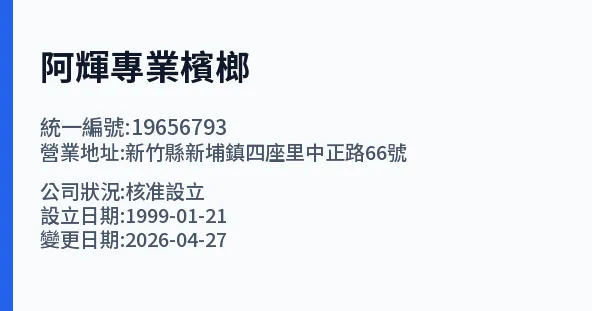 阿輝專業檳榔的照片-統編 19656793(新竹縣) 公司登記資料與營業項目詳細圖表