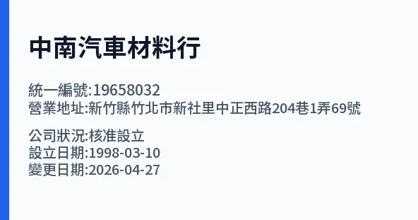 中南汽車材料行的照片-統編 19658032(新竹縣) 公司登記資料與營業項目詳細圖表