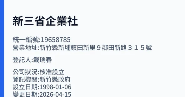 新三省企業社的照片-統編 19658785(新竹縣) 公司登記資料與營業項目詳細圖表
