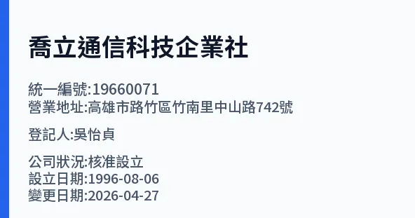喬立通信科技企業社的照片-統編 19660071(高雄市) 公司登記資料與營業項目詳細圖表