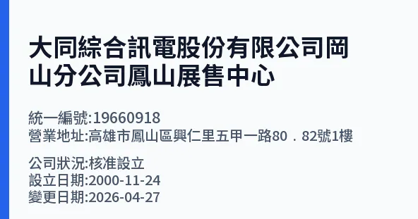 大同綜合訊電股份有限公司岡山分公司鳳山展售中心的照片-統編 19660918(高雄市) 公司登記資料與營業項目詳細圖表