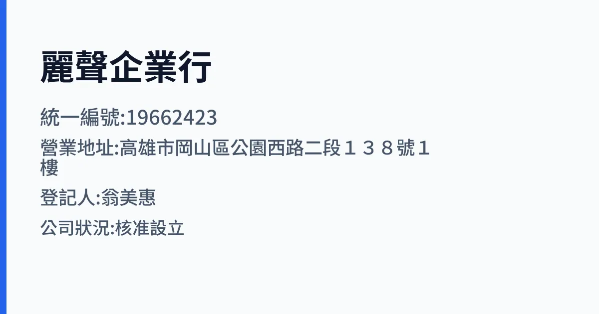 麗聲企業行 - 統編 19662423(高雄市) 公司登記資料與營業項目詳細圖表