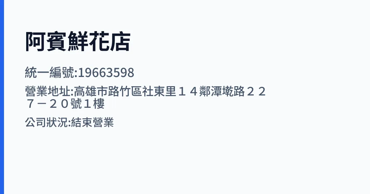 阿賓鮮花店 - 統編 19663598(高雄市) 公司登記資料與營業項目詳細圖表