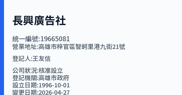 長興廣告社的照片-統編 19665081(高雄市) 公司登記資料與營業項目詳細圖表