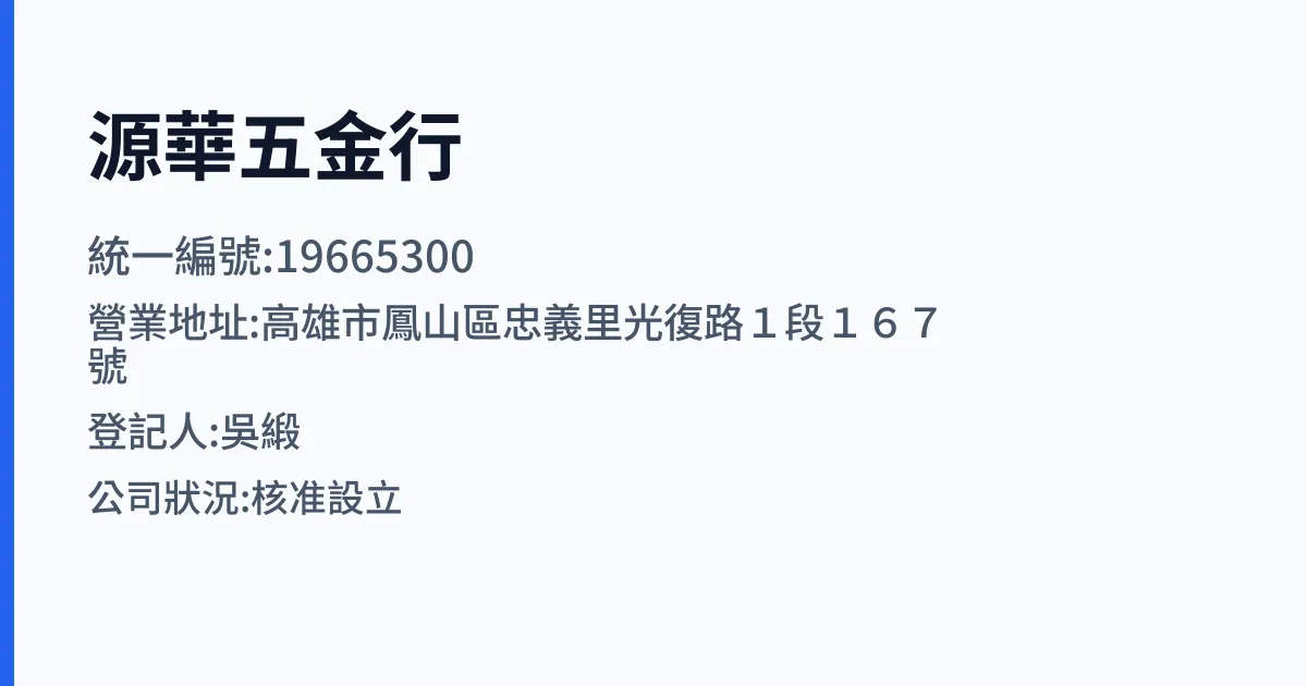 源華五金行 - 統編 19665300(高雄市) 公司登記資料與營業項目詳細圖表