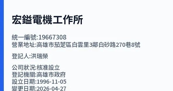 宏鎰電機工作所的照片-統編 19667308(高雄市) 公司登記資料與營業項目詳細圖表