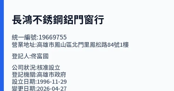 長鴻不銹鋼鋁門窗行的照片-統編 19669755(高雄市) 公司登記資料與營業項目詳細圖表