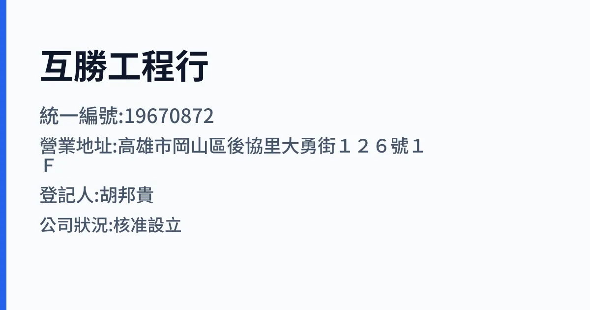 互勝工程行 - 統編 19670872(高雄市) 公司登記資料與營業項目詳細圖表