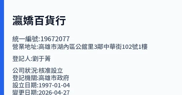 瀛嬌百貨行的照片-統編 19672077(高雄市) 公司登記資料與營業項目詳細圖表