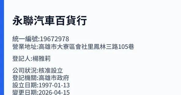 永聯汽車百貨行的照片-統編 19672978(高雄市) 公司登記資料與營業項目詳細圖表