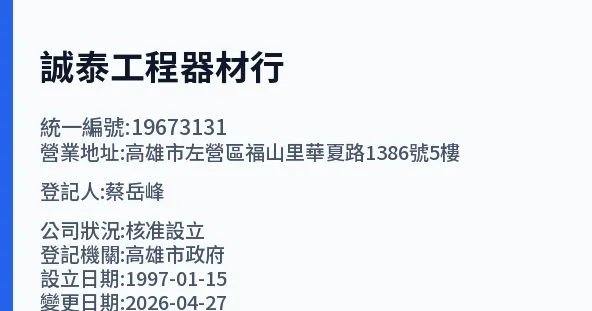 誠泰工程器材行的照片-統編 19673131(高雄市) 公司登記資料與營業項目詳細圖表