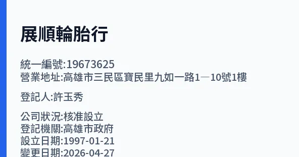 展順輪胎行的照片-統編 19673625(高雄市) 公司登記資料與營業項目詳細圖表