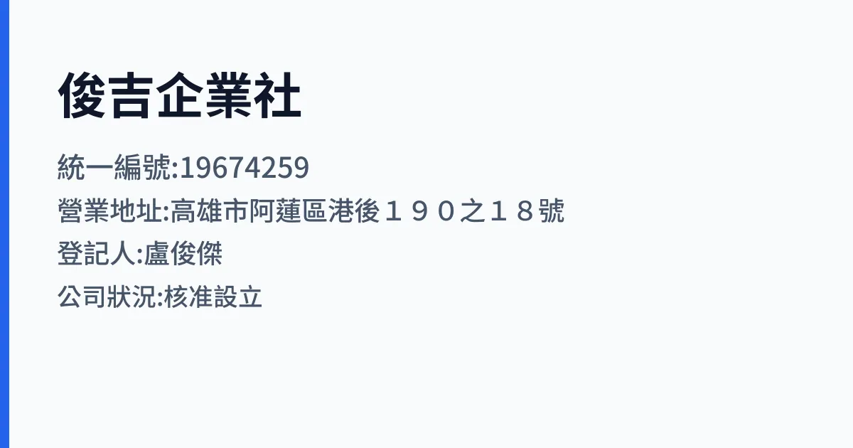 俊吉企業社 - 統編 19674259(高雄市) 公司登記資料與營業項目詳細圖表