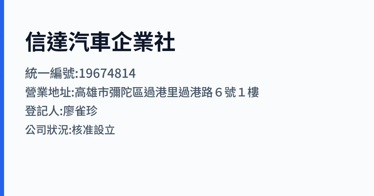 信達汽車企業社 - 統編 19674814(高雄市) 公司登記資料與營業項目詳細圖表