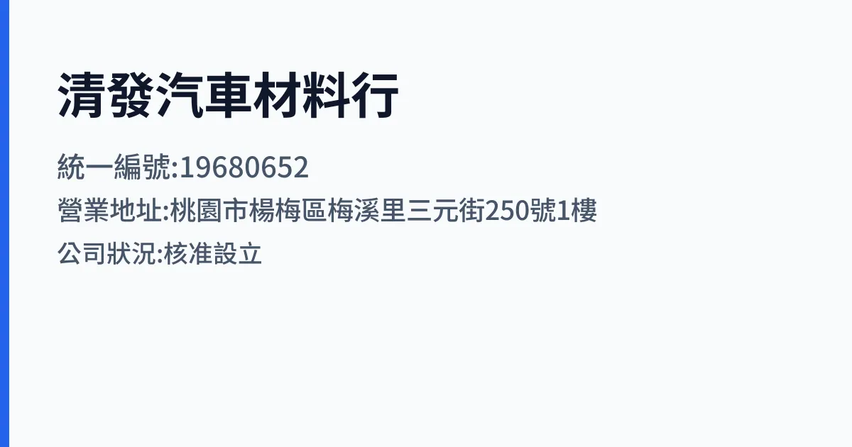 清發汽車材料行 - 統編 19680652(桃園市) 公司登記資料與營業項目詳細圖表