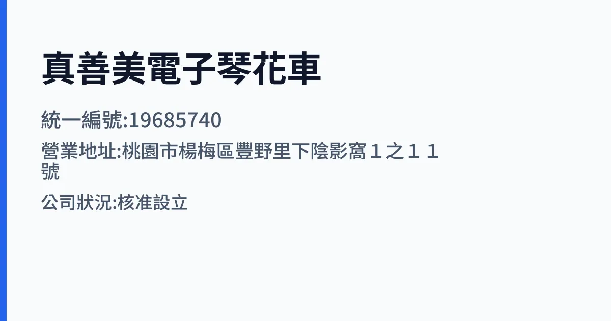 真善美電子琴花車 - 統編 19685740(桃園市) 公司登記資料與營業項目詳細圖表