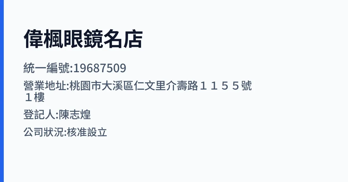 偉楓眼鏡名店 - 統編 19687509(桃園市) 公司登記資料與營業項目詳細圖表