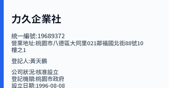力久企業社的照片-統編 19689372(桃園市) 公司登記資料與營業項目詳細圖表