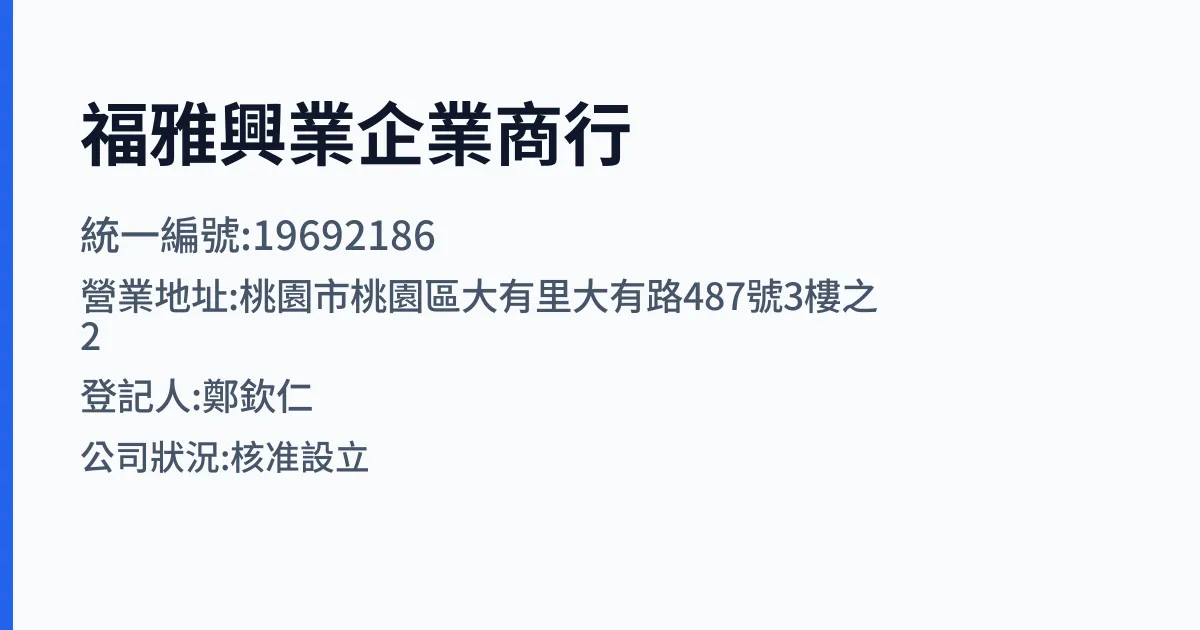 福雅興業企業商行 - 統編 19692186(桃園市) 公司登記資料與營業項目詳細圖表