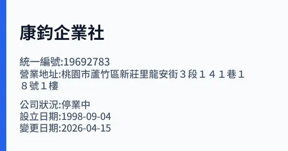 康鈞企業社的照片-統編 19692783(桃園市) 公司登記資料與營業項目詳細圖表