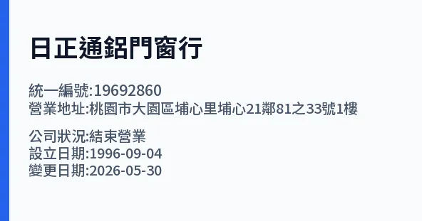 日正通鋁門窗行的照片-統編 19692860(桃園市) 公司登記資料與營業項目詳細圖表
