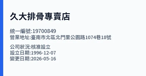 久大排骨專賣店的照片-統編 19700849(臺南市) 公司登記資料與營業項目詳細圖表