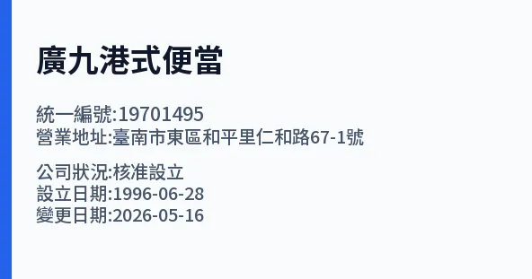 廣九港式便當的照片-統編 19701495(臺南市) 公司登記資料與營業項目詳細圖表