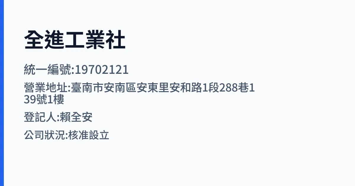 全進工業社 - 統編 19702121(臺南市) 公司登記資料與營業項目詳細圖表