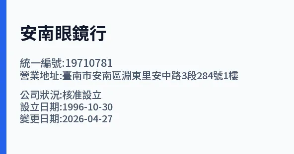 安南眼鏡行的照片-統編 19710781(臺南市) 公司登記資料與營業項目詳細圖表