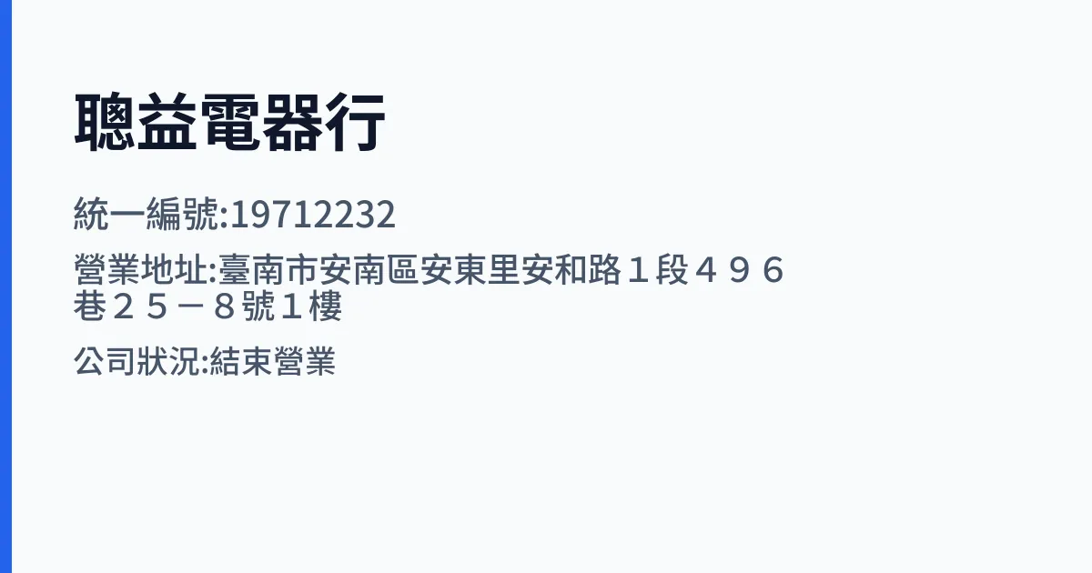 聰益電器行 - 統編 19712232(臺南市) 公司登記資料與營業項目詳細圖表