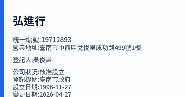 弘進行的照片-統編 19712893(臺南市) 公司登記資料與營業項目詳細圖表