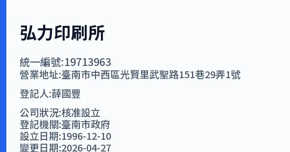 弘力印刷所的照片-統編 19713963(臺南市) 公司登記資料與營業項目詳細圖表
