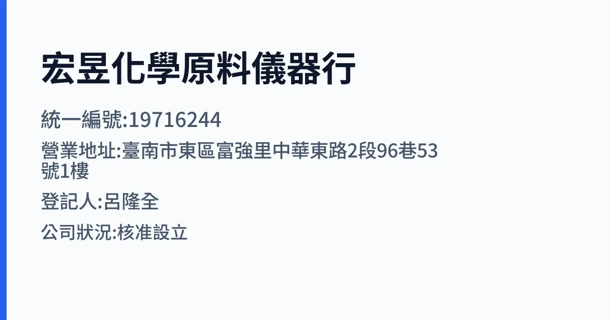 宏昱化學原料儀器行 - 統編 19716244（臺南市） 公司登記資料與營業項目詳細圖表