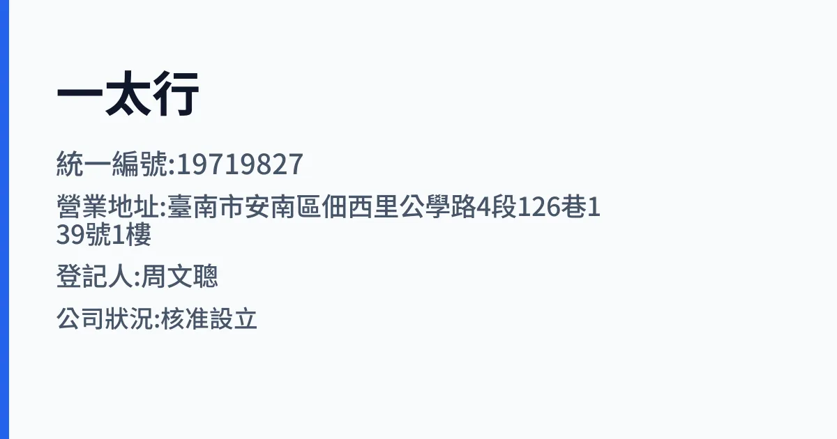 一太行 - 統編 19719827(臺南市) 公司登記資料與營業項目詳細圖表