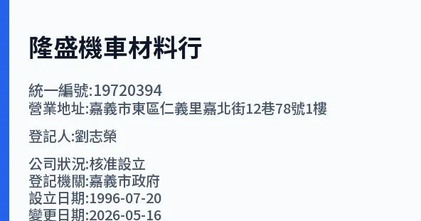 隆盛機車材料行的照片-統編 19720394(嘉義市) 公司登記資料與營業項目詳細圖表