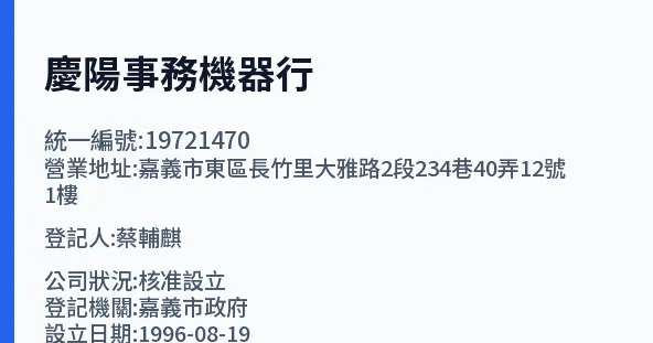 慶陽事務機器行的照片-統編 19721470(嘉義市) 公司登記資料與營業項目詳細圖表