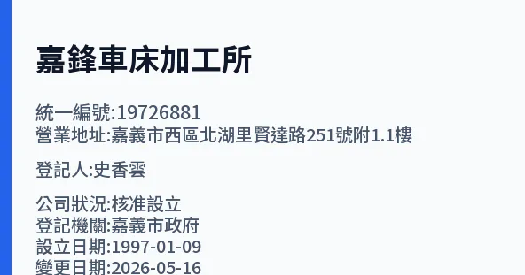 嘉鋒車床加工所的照片-統編 19726881(嘉義市) 公司登記資料與營業項目詳細圖表