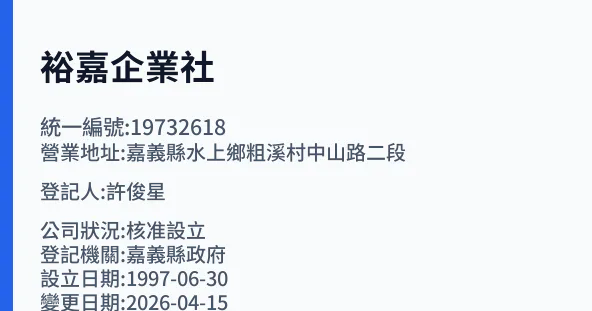 裕嘉企業社的照片-統編 19732618(嘉義縣) 公司登記資料與營業項目詳細圖表