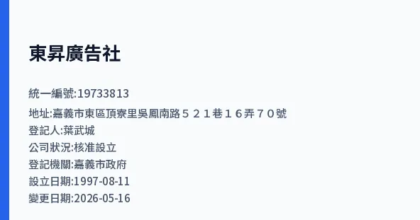 東昇廣告社的照片-統編 19733813(嘉義市) 公司登記資料與營業項目詳細圖表