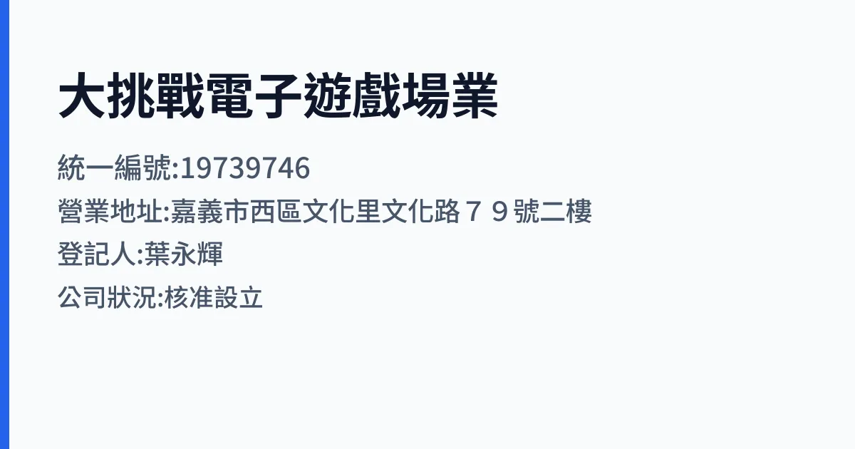 大挑戰電子遊戲場業 - 統編 19739746(嘉義市) 公司登記資料與營業項目詳細圖表