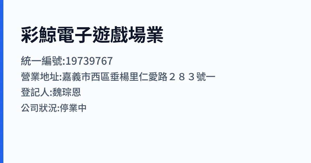彩鯨電子遊戲場業 - 統編 19739767(嘉義市) 公司登記資料與營業項目詳細圖表