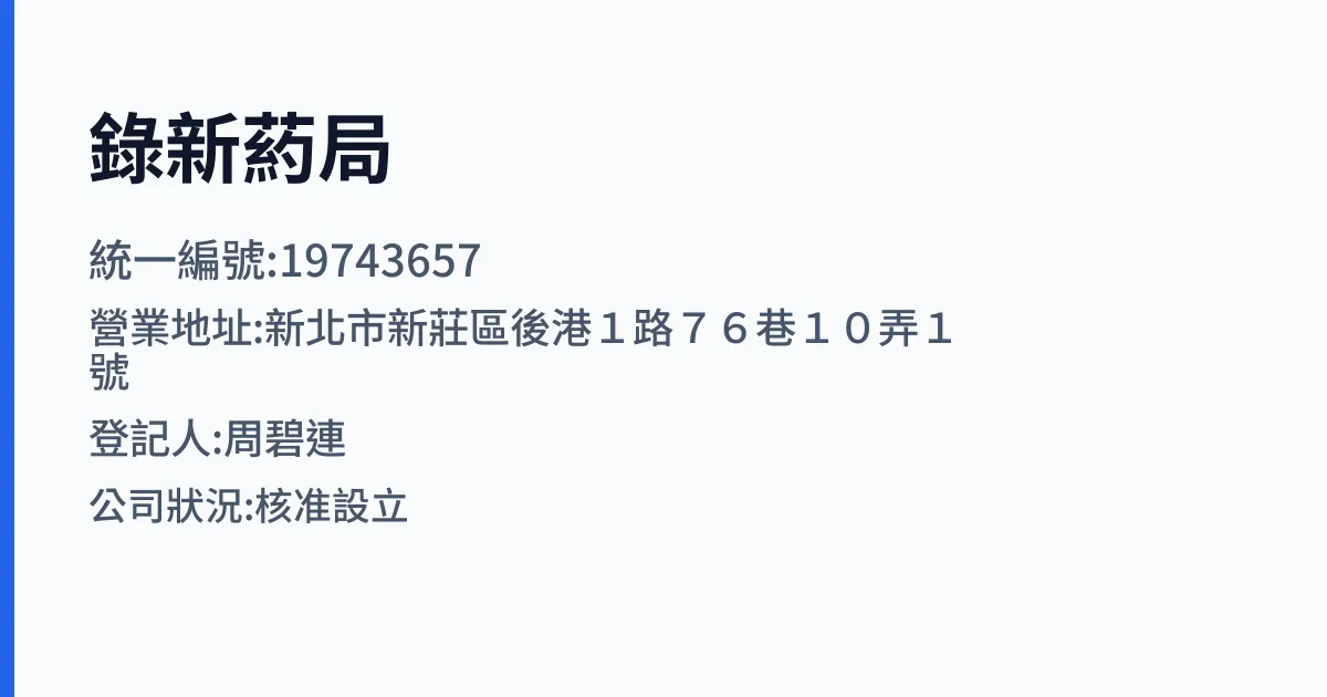 錄新葯局 - 統編 19743657(新北市) 公司登記資料與營業項目詳細圖表