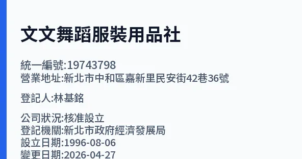 文文舞蹈服裝用品社的照片-統編 19743798(新北市) 公司登記資料與營業項目詳細圖表