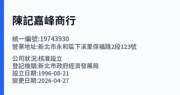 陳記嘉峰商行的照片-統編 19743930(新北市) 公司登記資料與營業項目詳細圖表