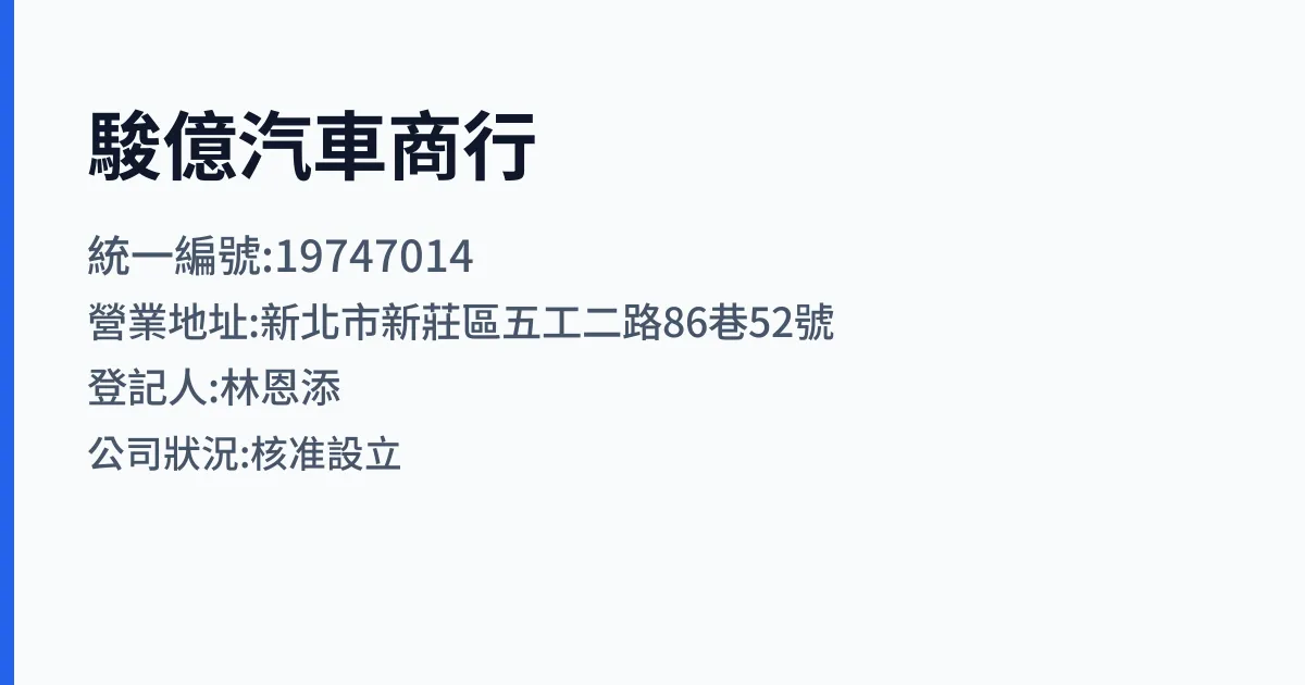 駿億汽車商行 - 統編 19747014(新北市) 公司登記資料與營業項目詳細圖表