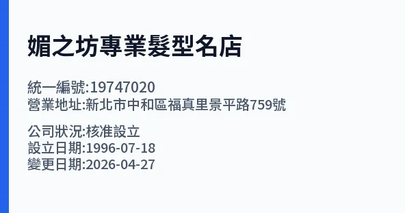 媚之坊專業髮型名店的照片-統編 19747020(新北市) 公司登記資料與營業項目詳細圖表