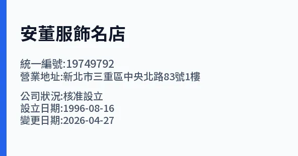 安董服飾名店的照片-統編 19749792(新北市) 公司登記資料與營業項目詳細圖表
