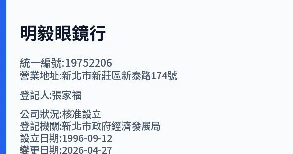 明毅眼鏡行的照片-統編 19752206(新北市) 公司登記資料與營業項目詳細圖表