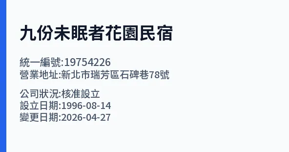 九份未眠者花園民宿的照片-統編 19754226(新北市) 公司登記資料與營業項目詳細圖表