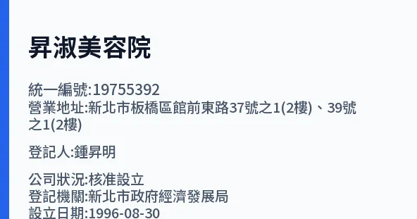 昇淑美容院的照片-統編 19755392(新北市) 公司登記資料與營業項目詳細圖表